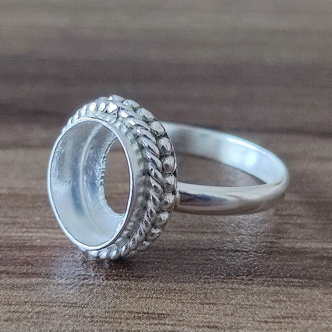 Designer Beaded Oval Collet Open Blank Ring, 925 Sterling Silver Oval ...