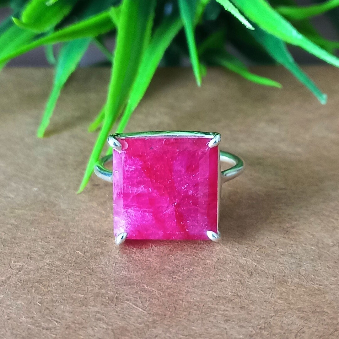 Amazing RED RUBY Square Silver Solitaire Ring, 925 Sterling Silver ...
