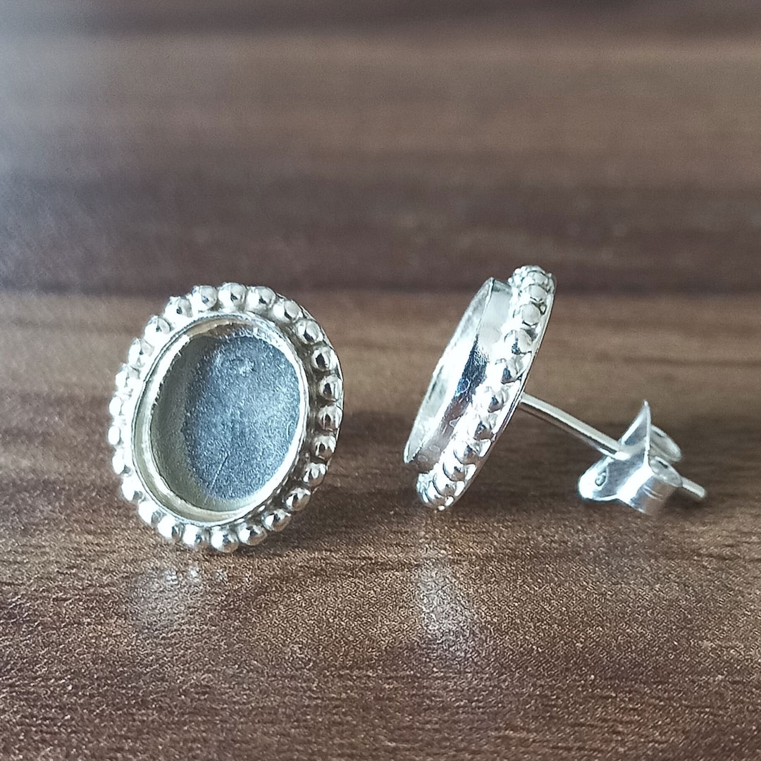 925 Sterling Silver Stud Earring, Beaded Bezel Cup Close Blank Collet ...