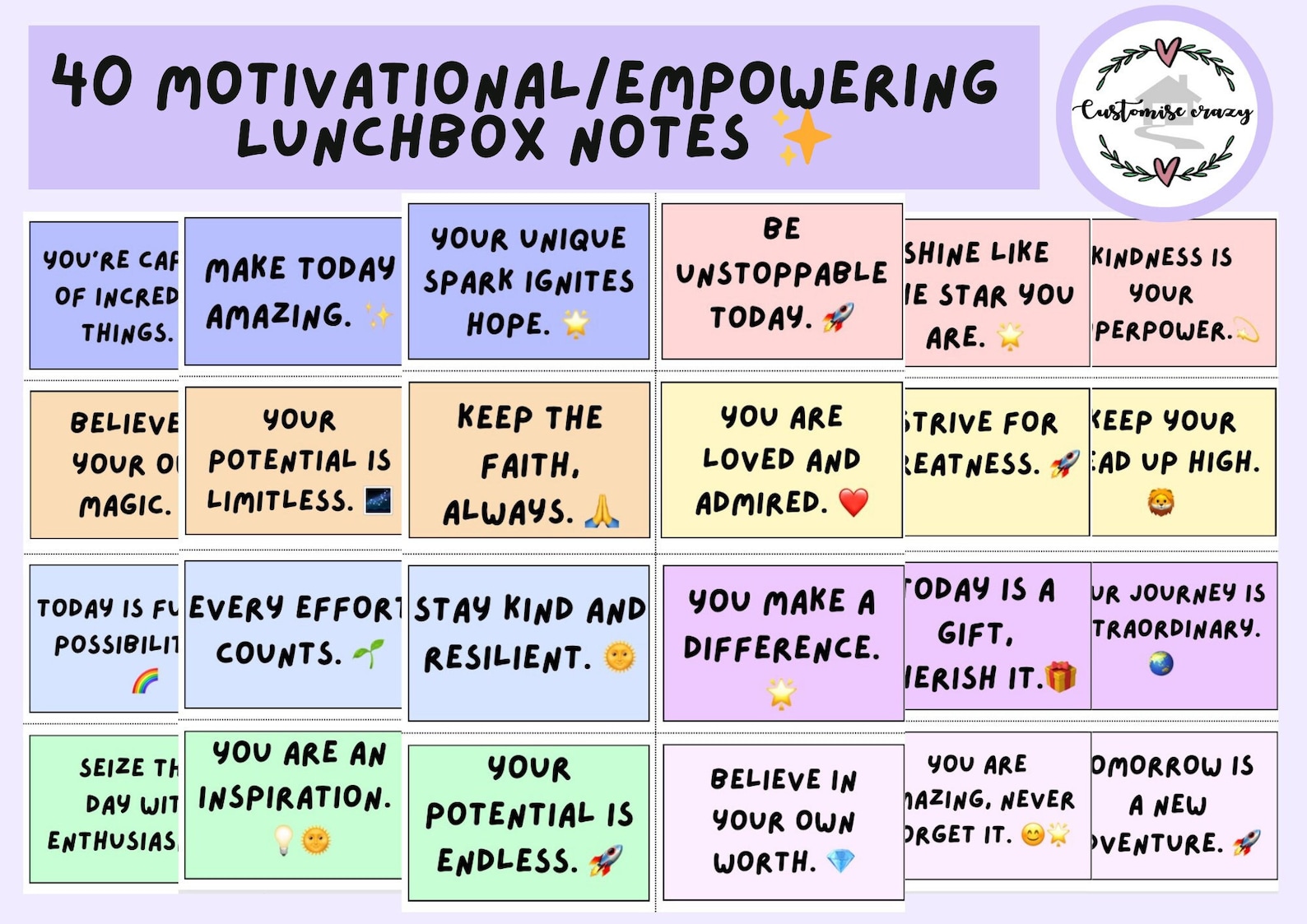 Lunchbox Notes Printable - 40 Motivational & Inspirational Messages ...
