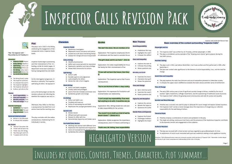 Inspector Calls Revision Guide English Literature GCSE Revision ...