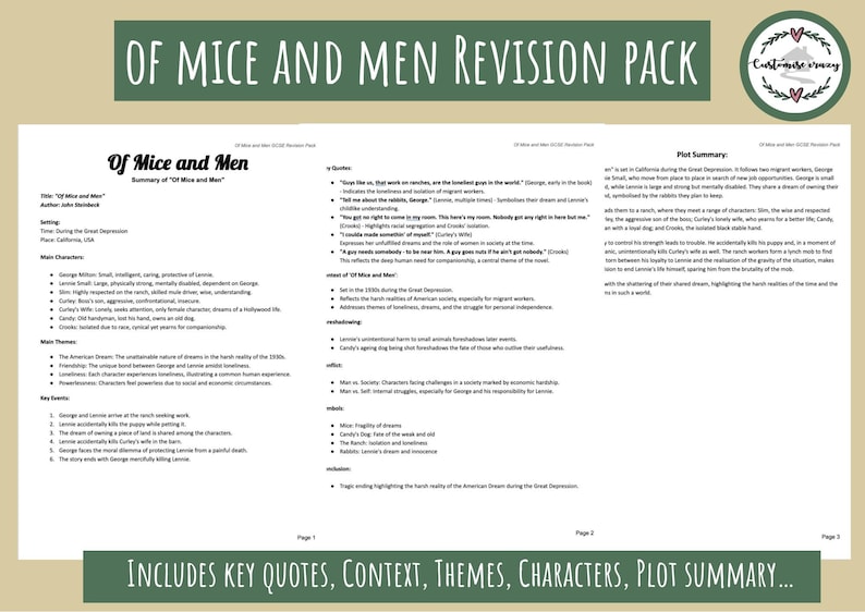 Of Mice and Men Revision Guide English Literature GCSE Revision ...