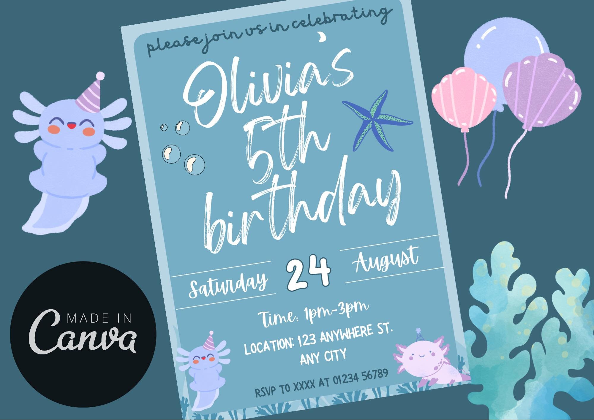 Editable Canva Axolotl Birthday Party Invitation | Printable Kids ...