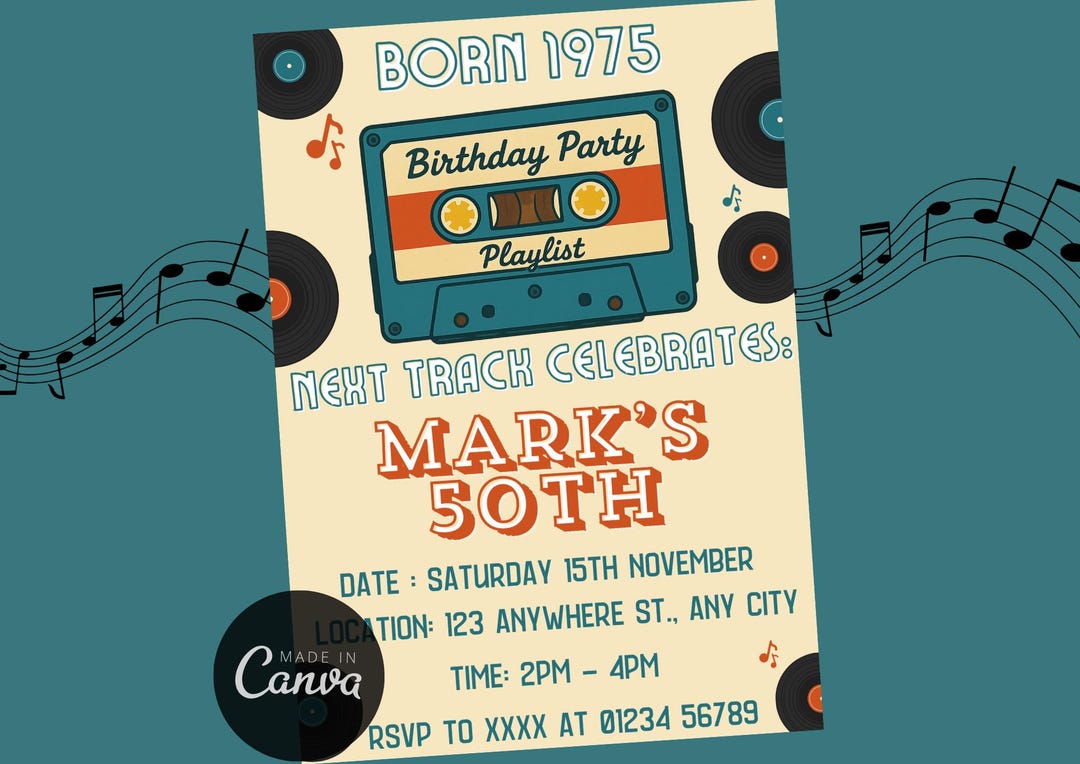 Editable 50th Birthday Invitation Template, Born in 1975 Retro Cassette ...