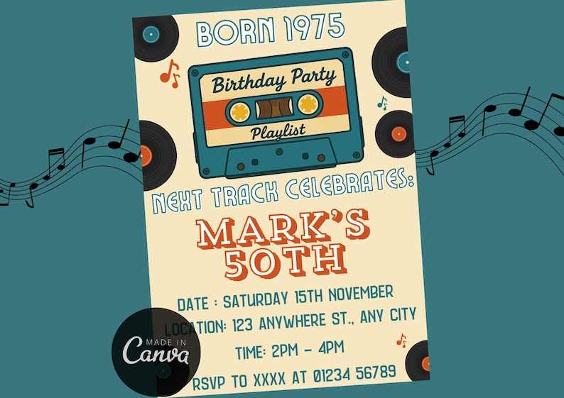 Editable 50th Birthday Invitation Template, Born in 1975 Retro Cassette ...