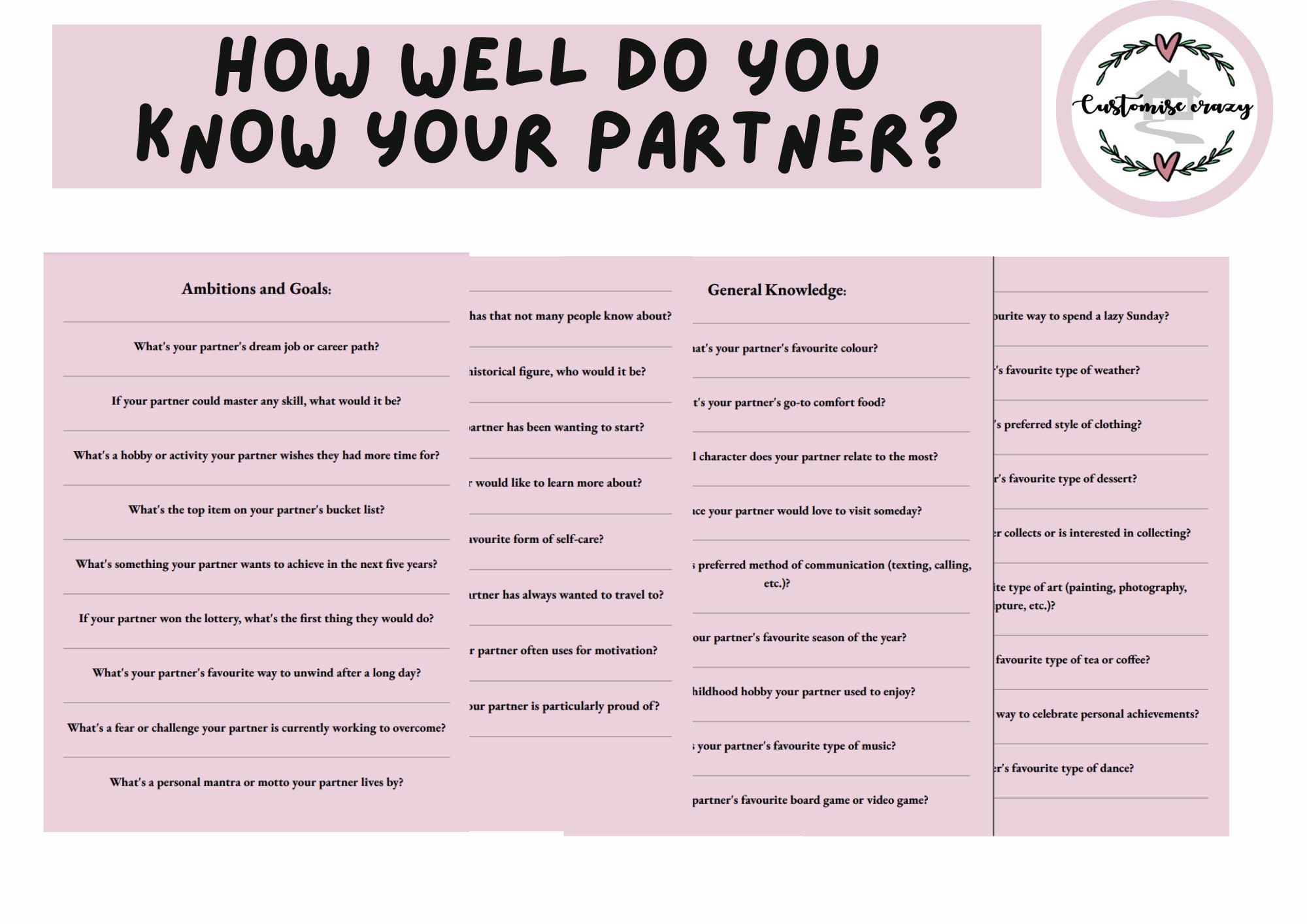 90+ How Well Do You Know Your Partner Questions/digital Cards ...