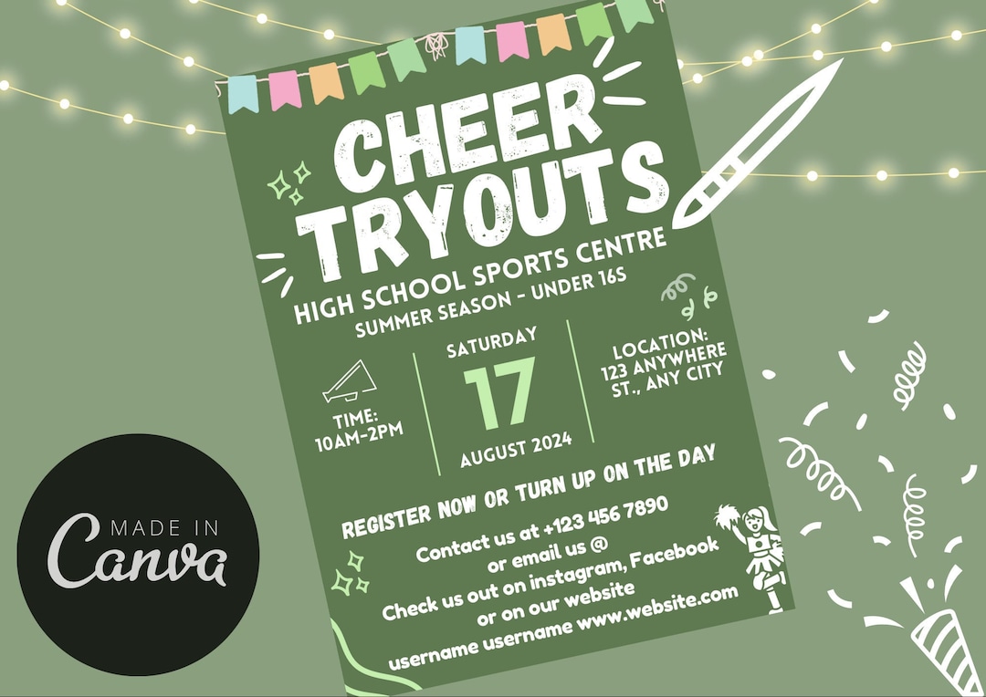 Editable Cheer Tryout Template - Customizable Cheer Flyer, Fully Editable in Canva, Cheerleading ...