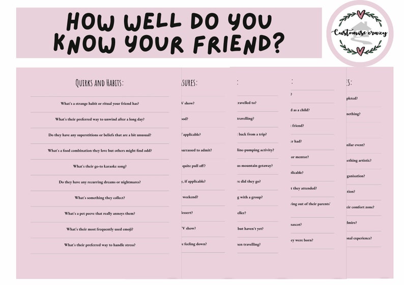 100 How Well Do You Know Your Friend Questions/digital Cards, Printable ...