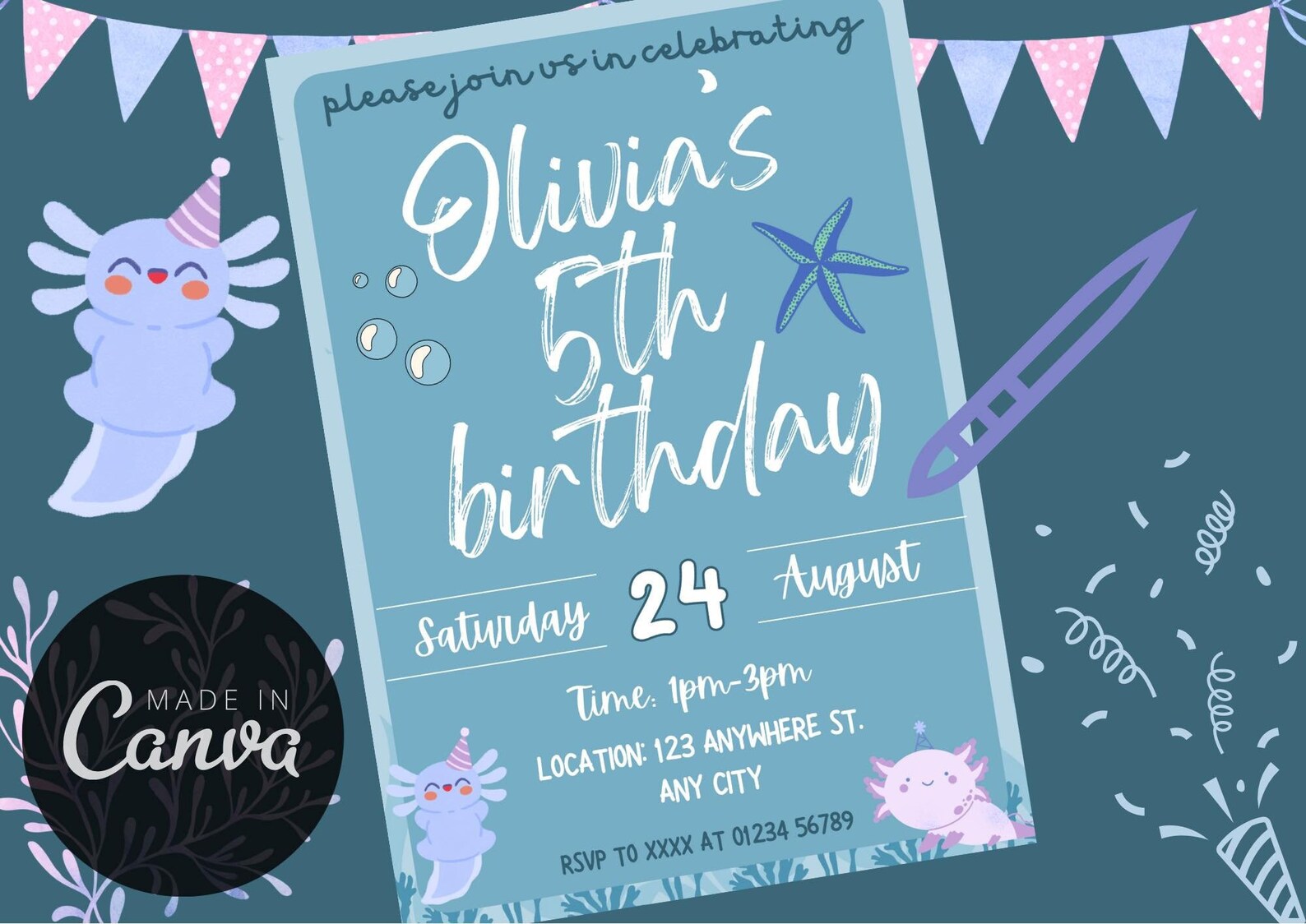 Editable Canva Axolotl Birthday Party Invitation | Printable Kids ...