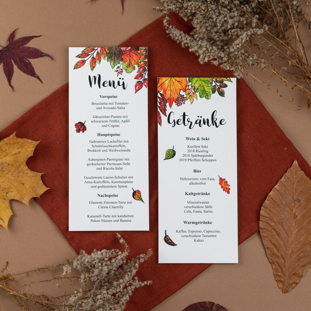 Menu Card and Drinks Menu for Wedding, Baptism or Celebration in Autumn ...