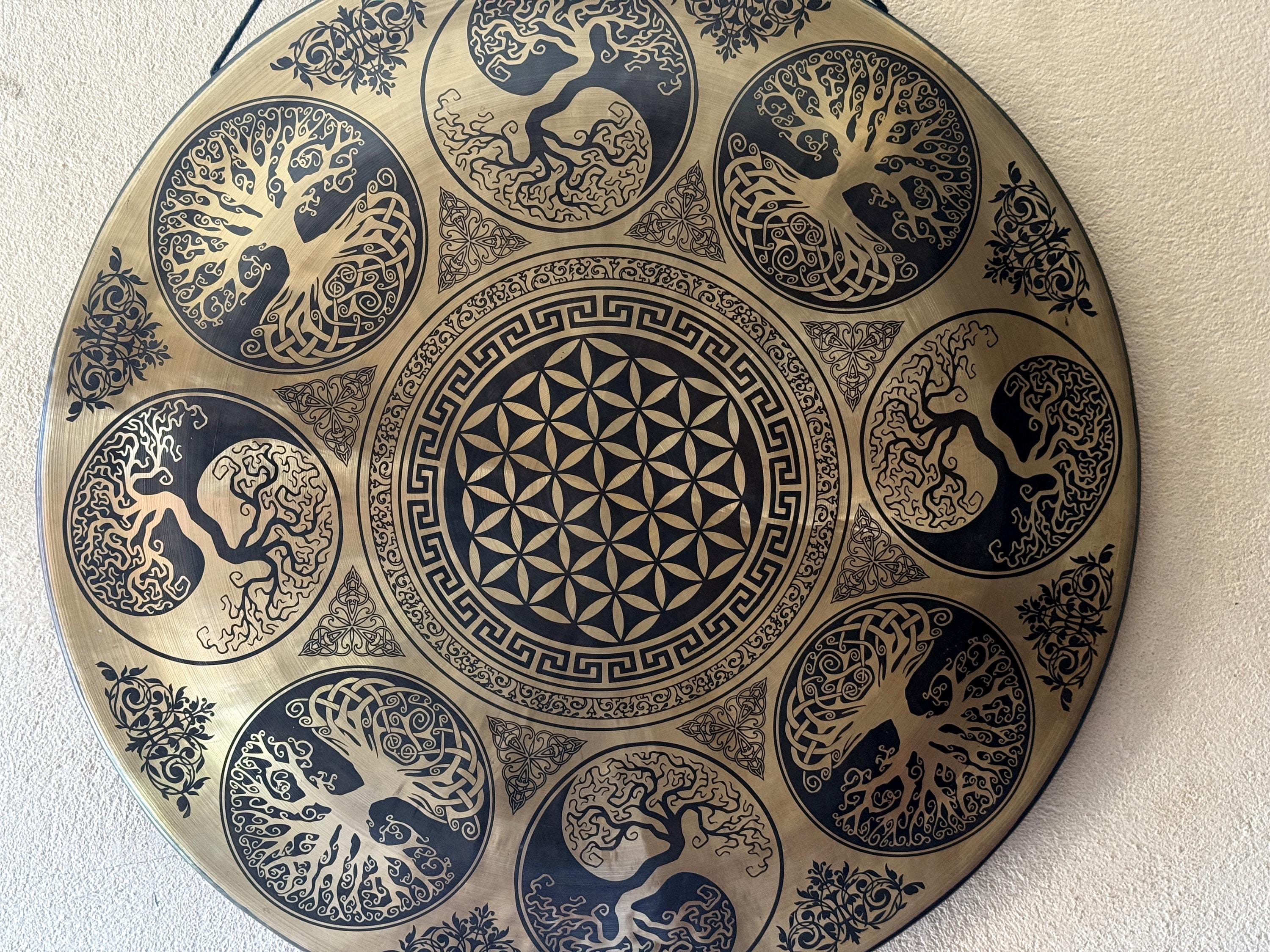 70 Cm Tree of Life Scared Geometry Flower of Life Temple Bell Gong With ...