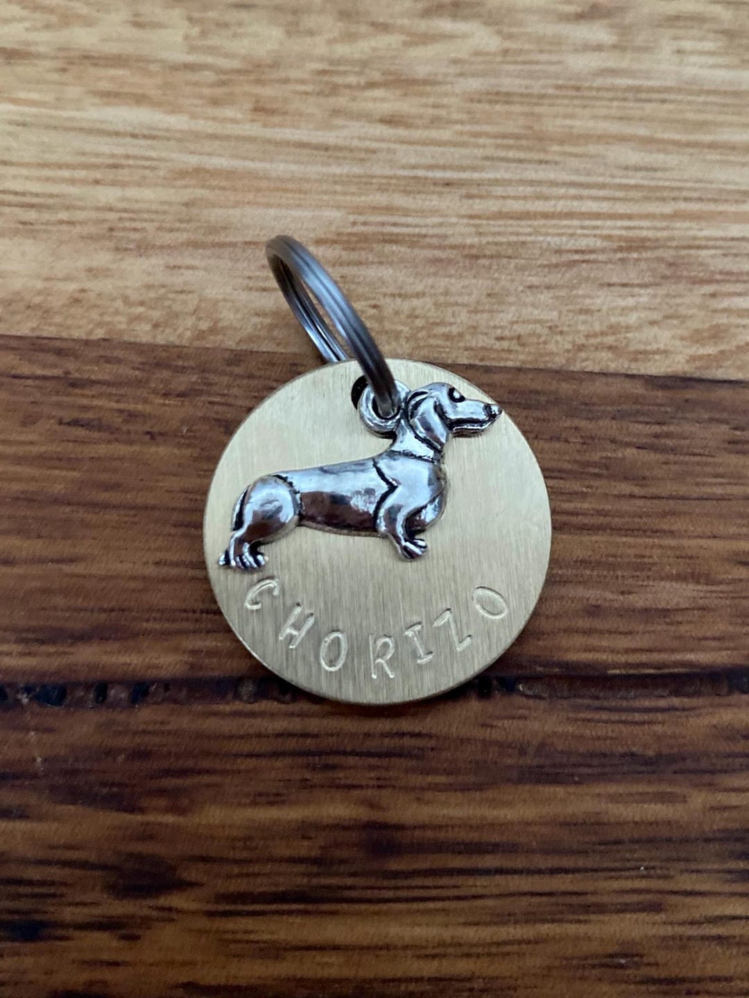 Premium Thick Round Sausage Dog Tag With Dachshund Charm - Hand Stamped ...