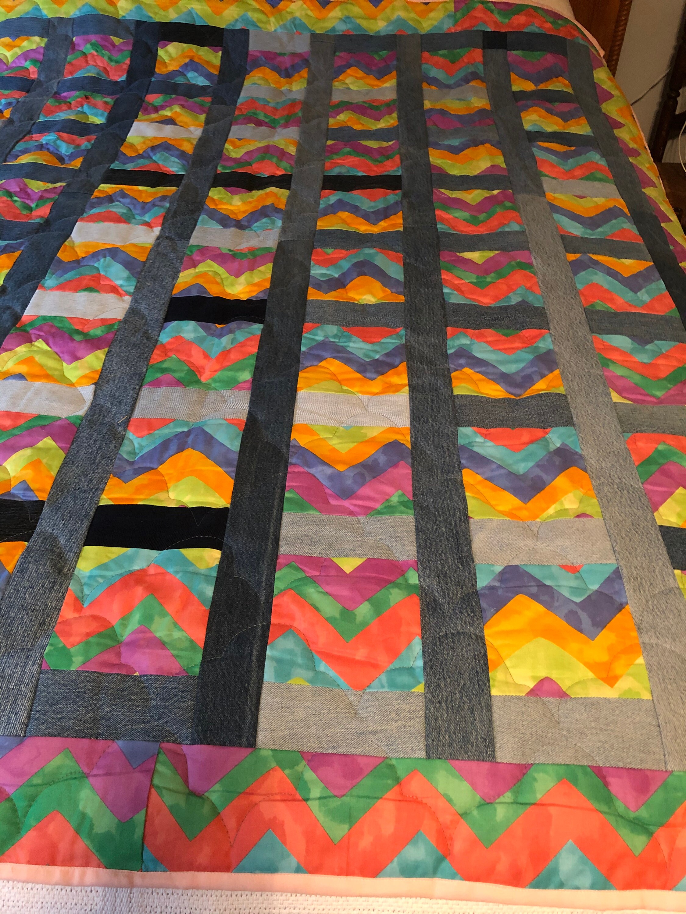 Multi-colored Chevron Bordered With Denim Quilt - Etsy