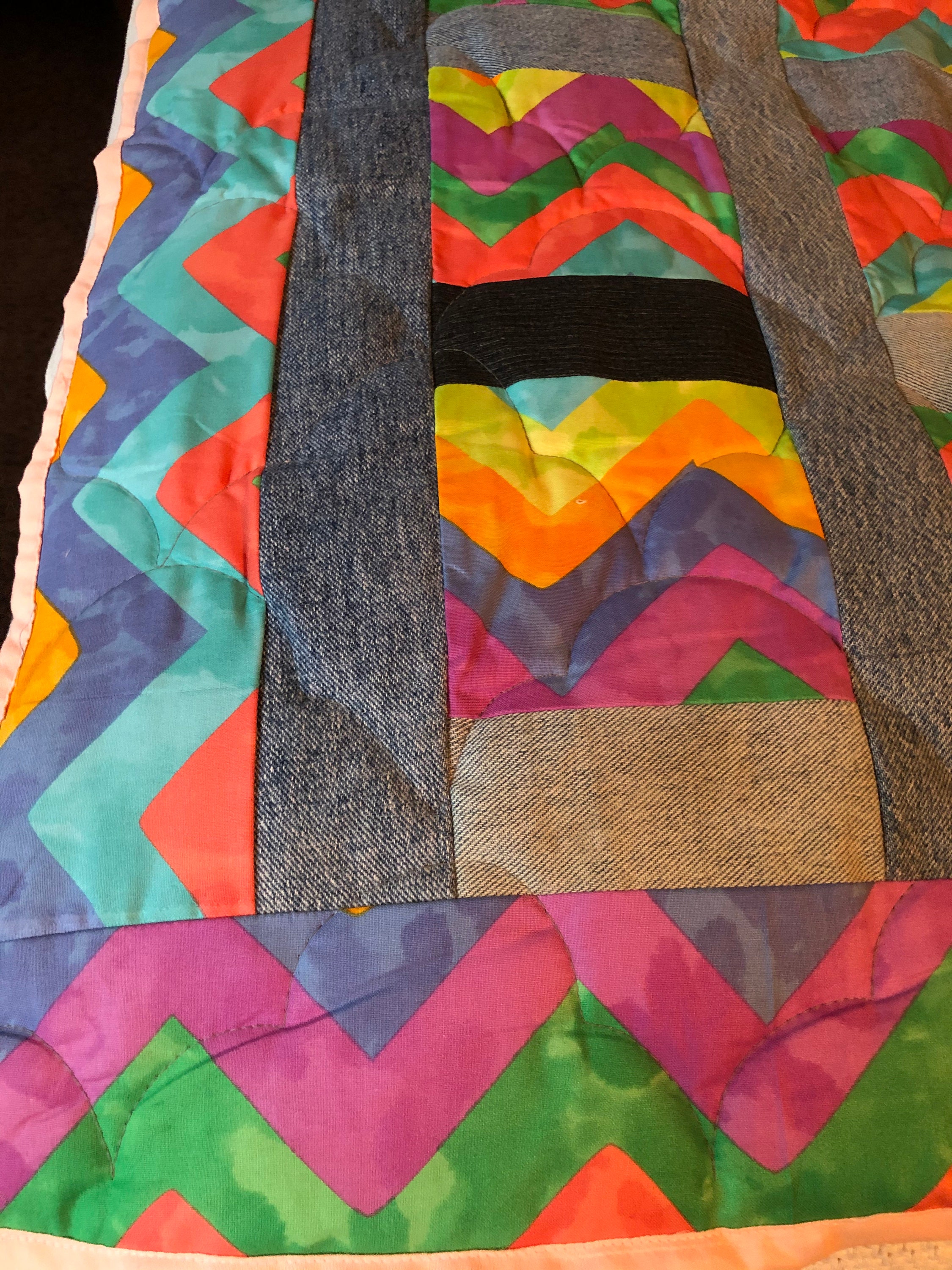 Multi-colored Chevron Bordered With Denim Quilt - Etsy