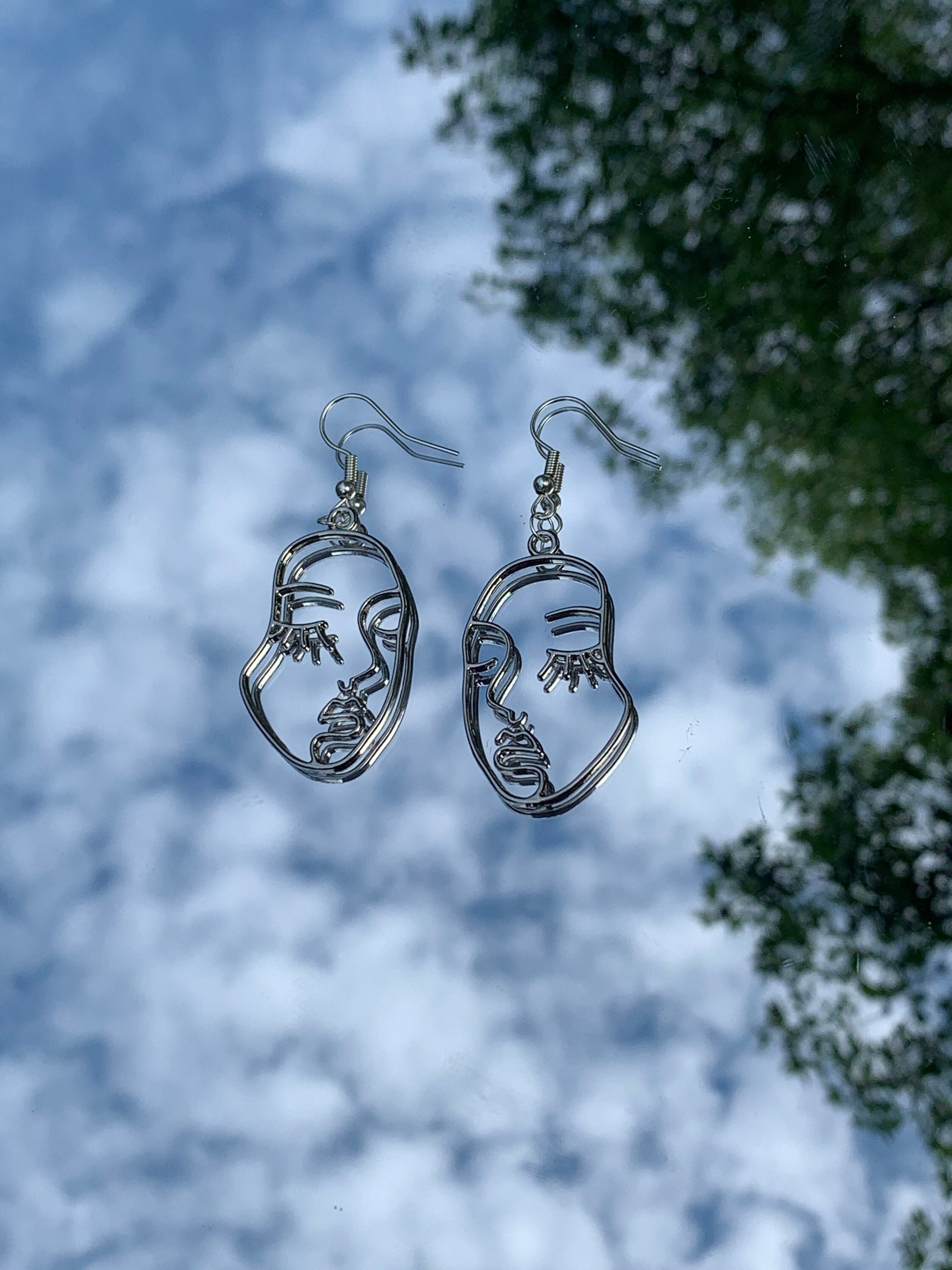 Abstract Face Silver Earrings Line Art Earrings Quirky | Etsy