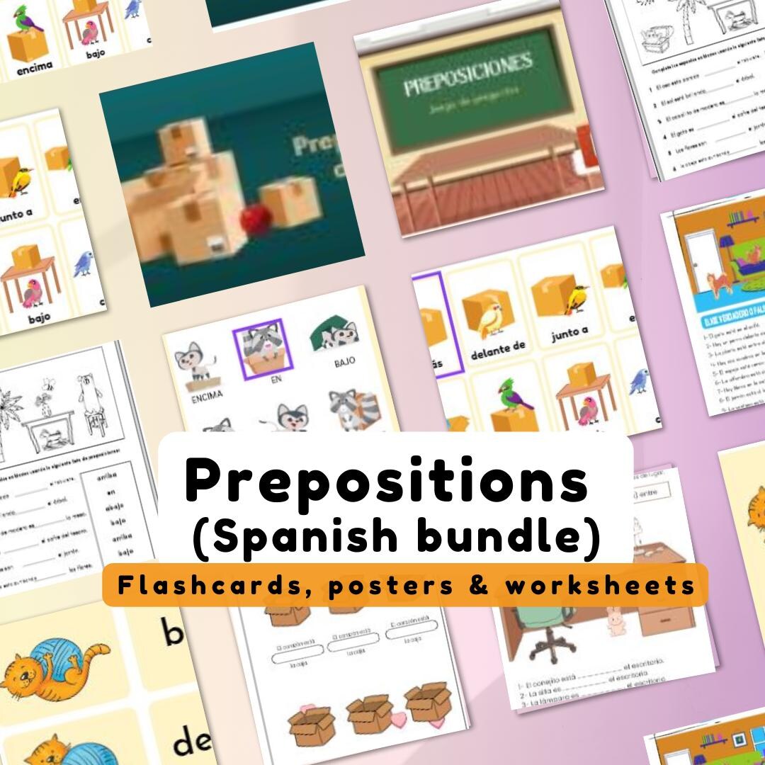 Paquete de preposiciones en español fichas didácticas, carteles, hojas ...