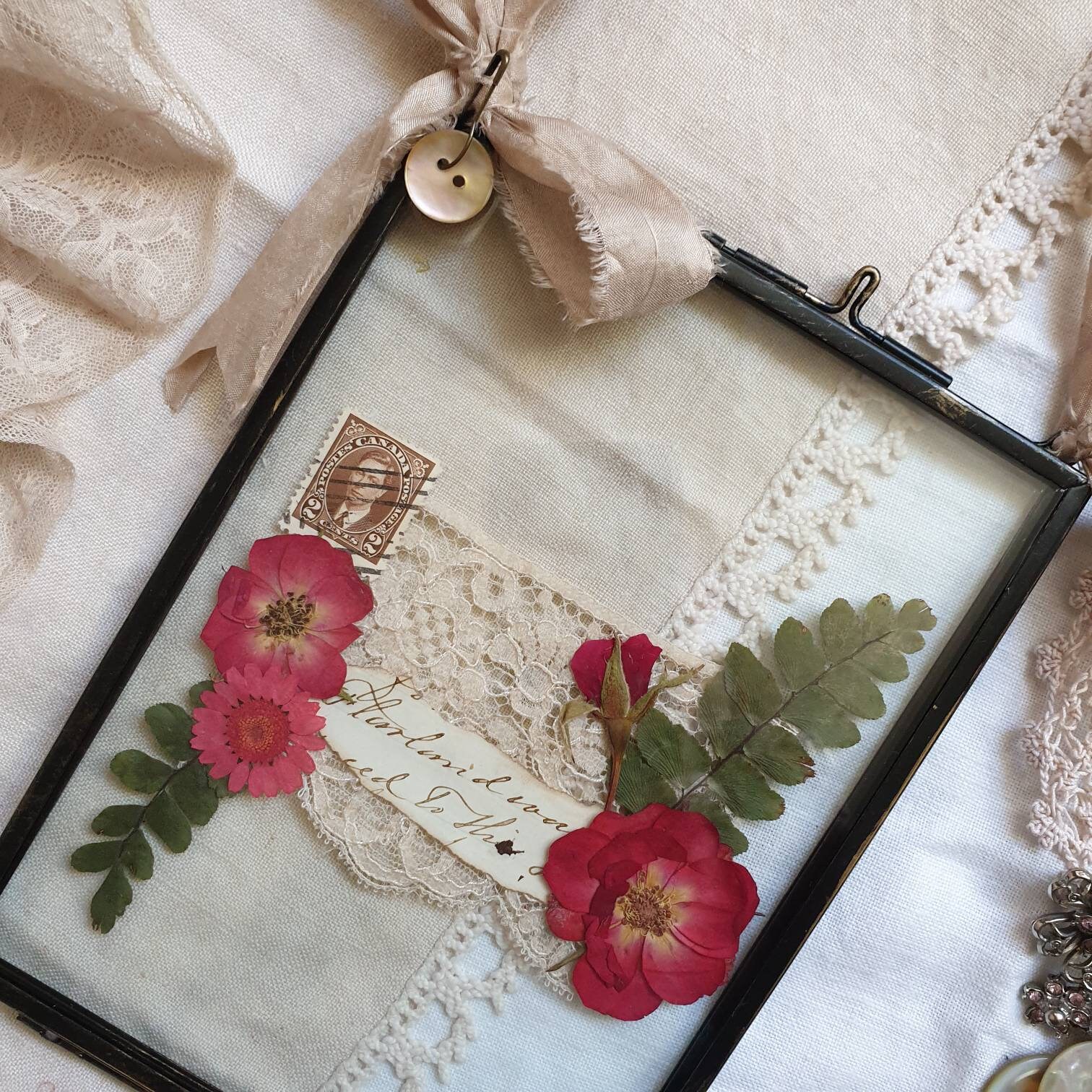 Pressed Flower Collage in Glass Frame With Vintage Lace and Manuscript ...