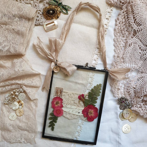 Pressed Flower Collage in Glass Frame With Vintage Lace and | Etsy