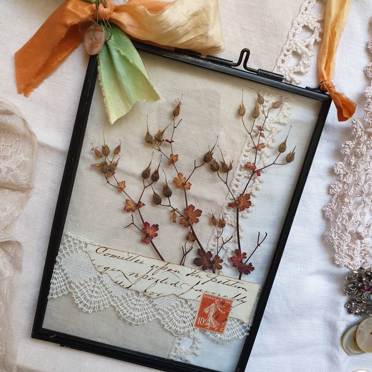Pressed Flower Collage in Glass Frame With Antique Lace and Manuscript ...