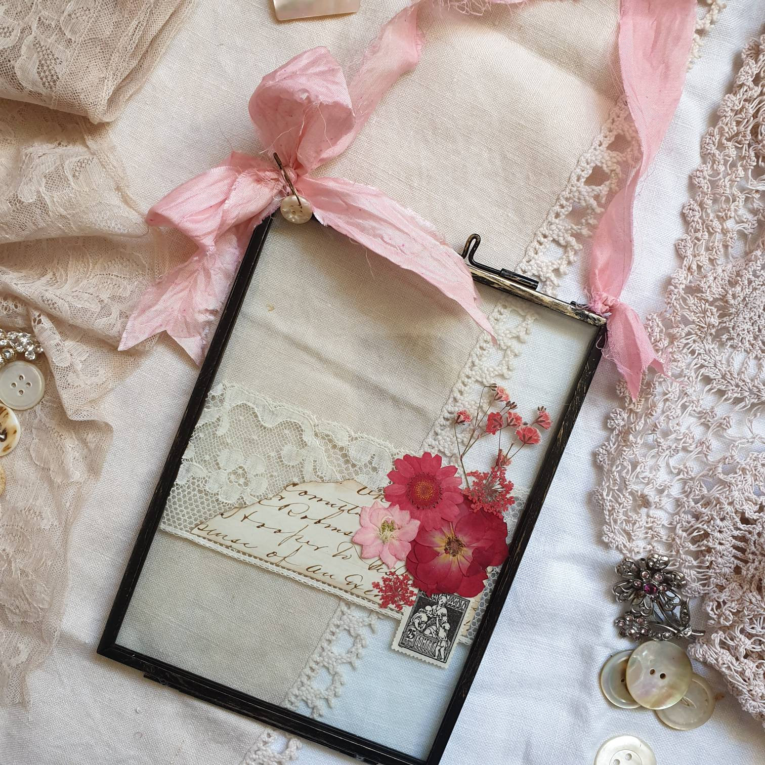 Pressed Flower Collage in Glass Frame With Antique Lace and Manuscript ...