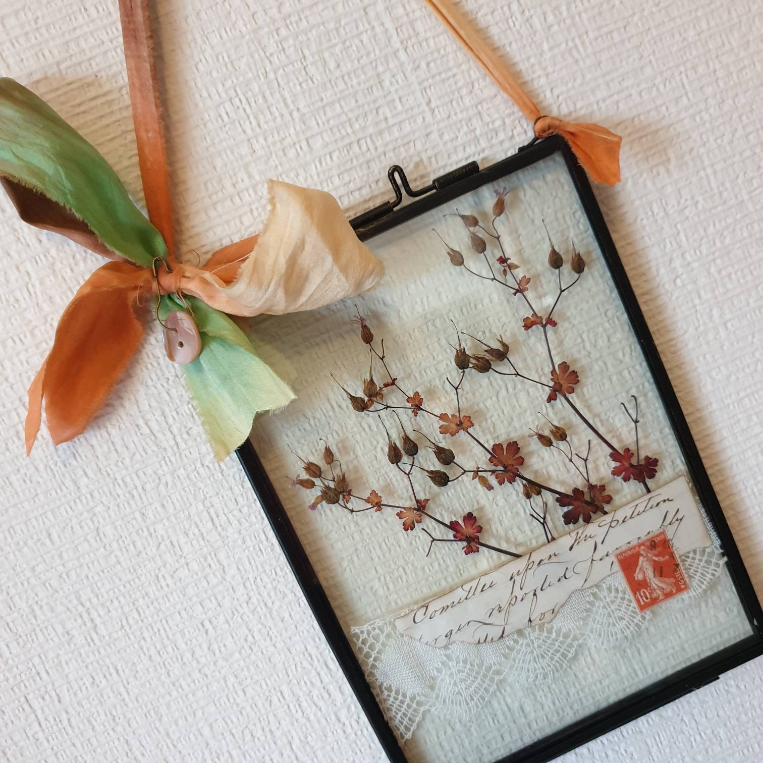 Pressed Flower Collage in Glass Frame With Antique Lace and Manuscript ...