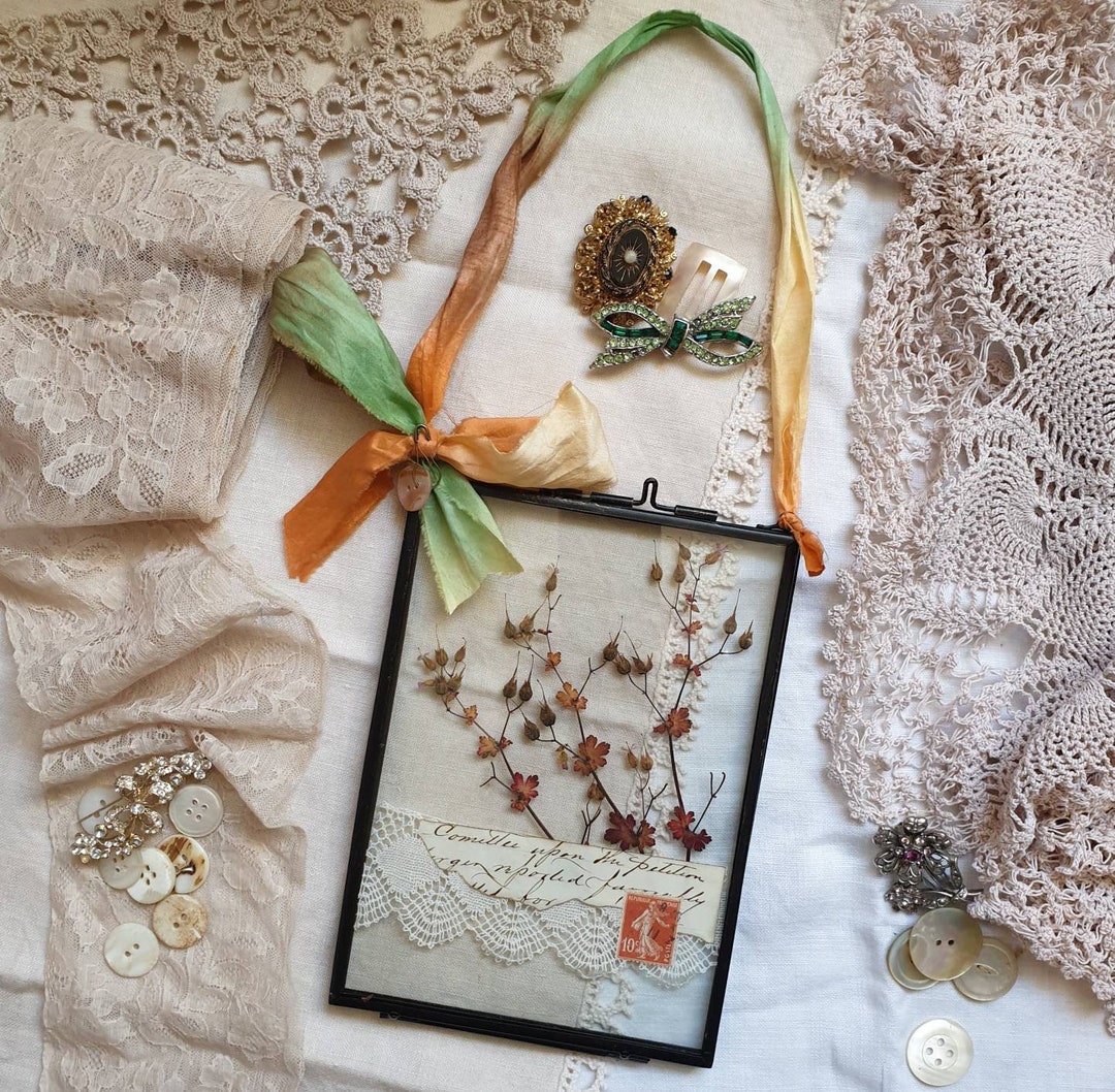 Pressed Flower Collage in Glass Frame With Antique Lace and Manuscript ...