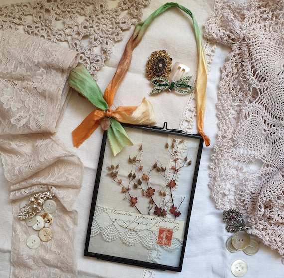 Pressed Flower Collage in Glass Frame With Antique Lace and | Etsy