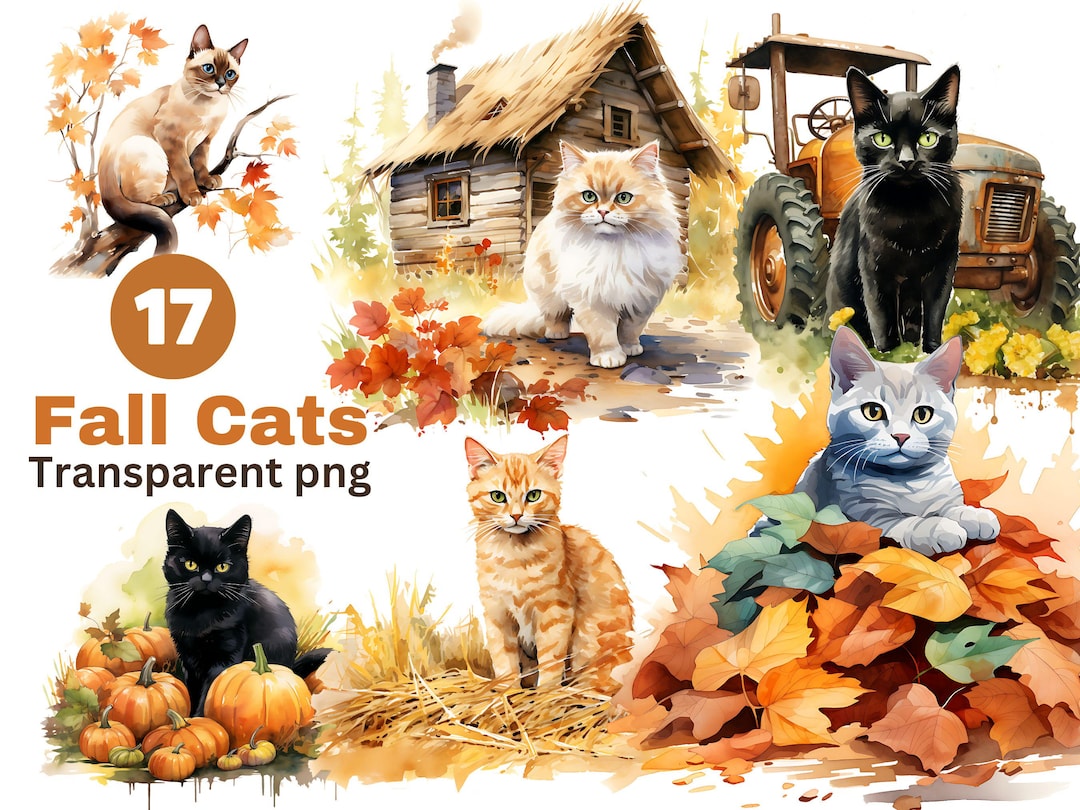 Fall Cat Clipart, Cute Autumn Cats Clipart, Cat Clip Art, Fall Cat ...