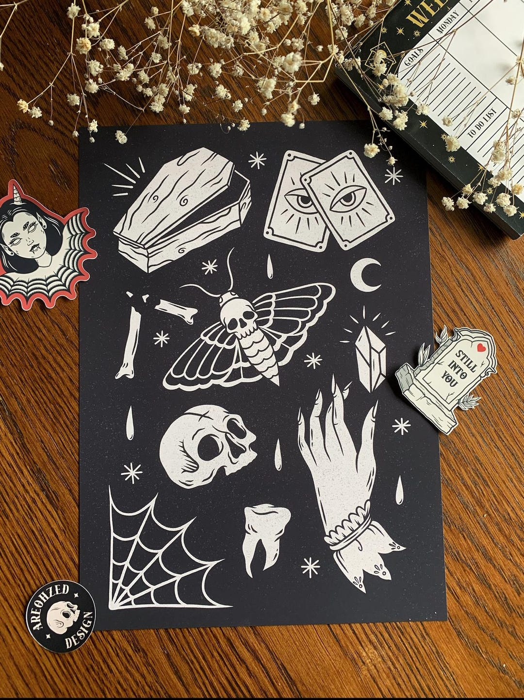 Witchy Flash Sheet | A5 A4 Art Print Illustration Coffin Deathmoth ...