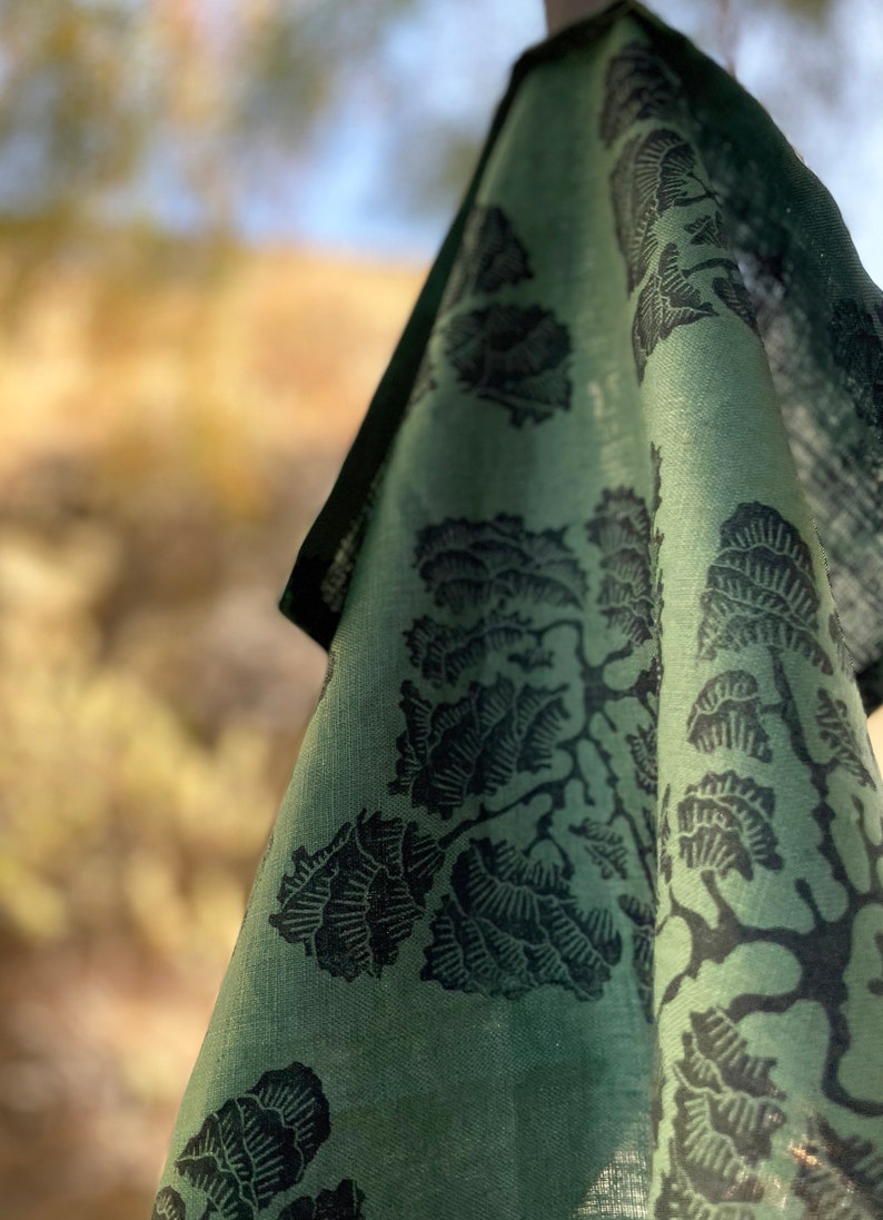 Linen Tea Towel, Block Printed, Kitchen Linen Decor, Pine Tree Pattern on Green Linen, 25 X 18 ...