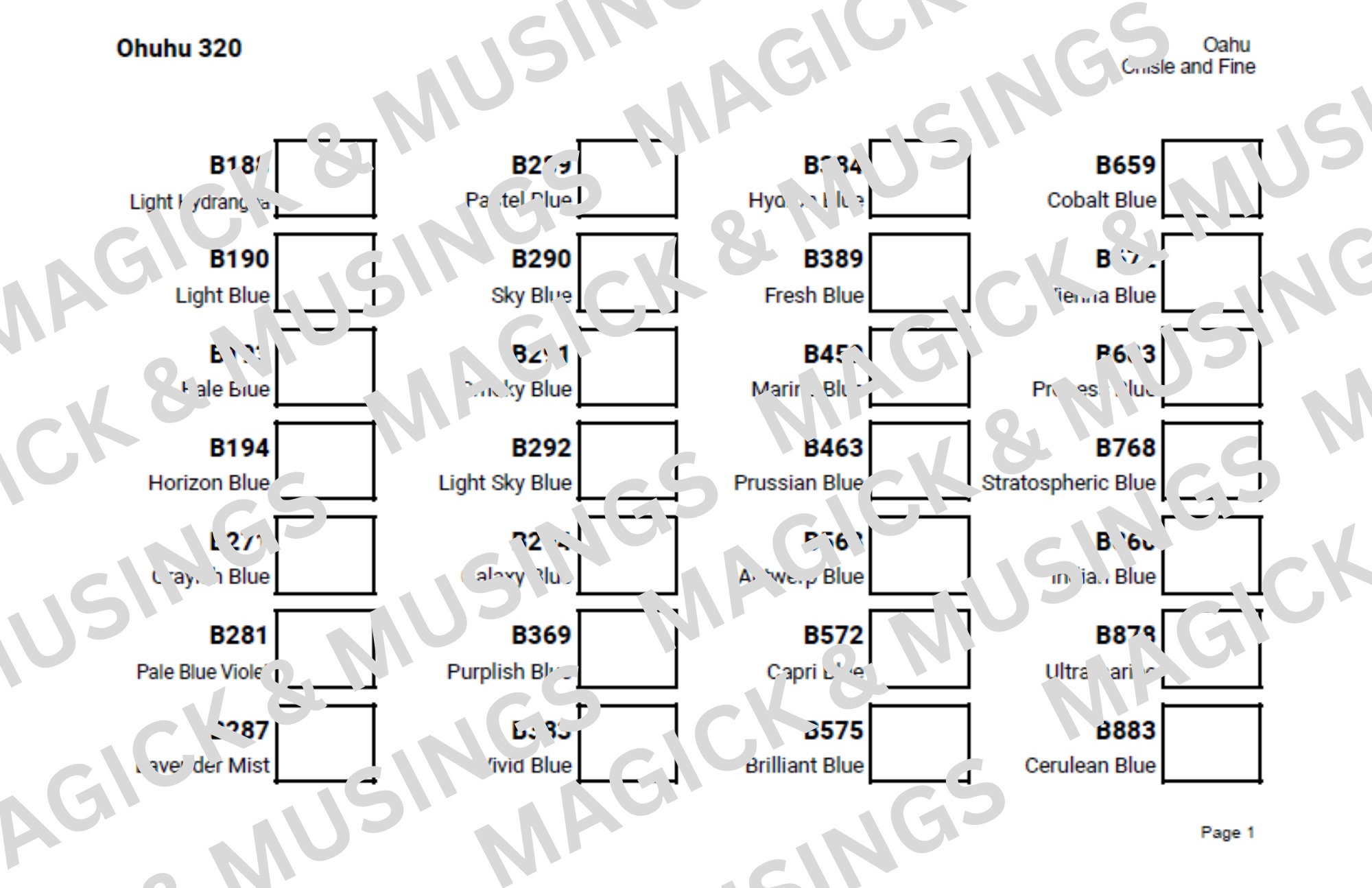 Blank Color Swatch Chart for Ohuhu 320 Oahu Alcohol Markers (broad ...