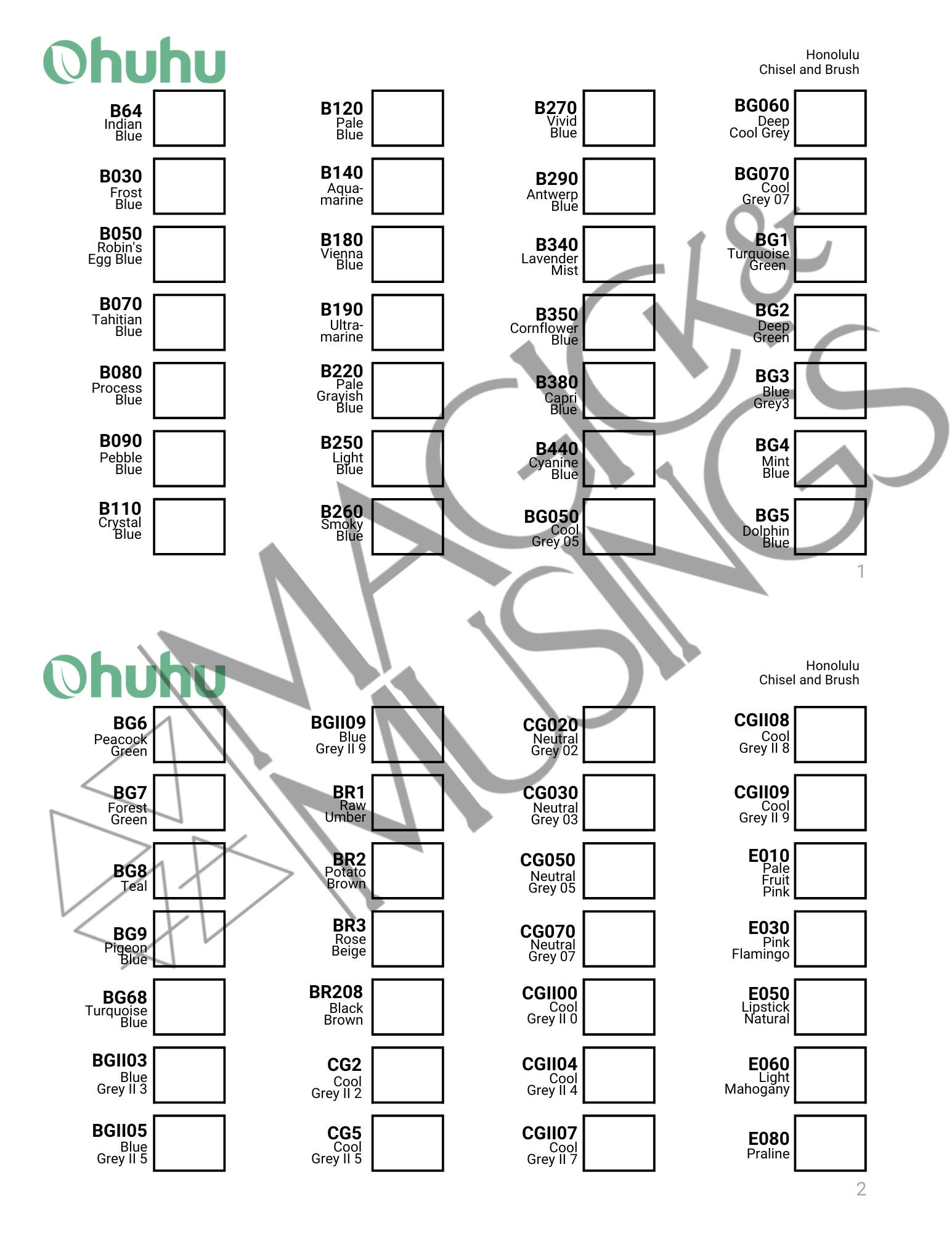Tabla de muestras de colores en blanco para el juego de marcadores con ...