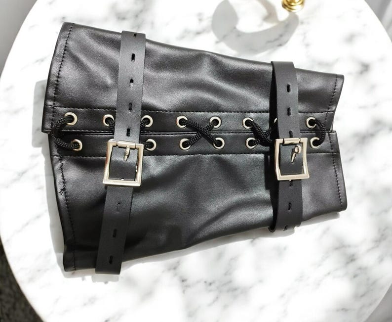 BDSM Restraint Adjustable Leather Back Bondage Armbinder Wrist Cuffs ...