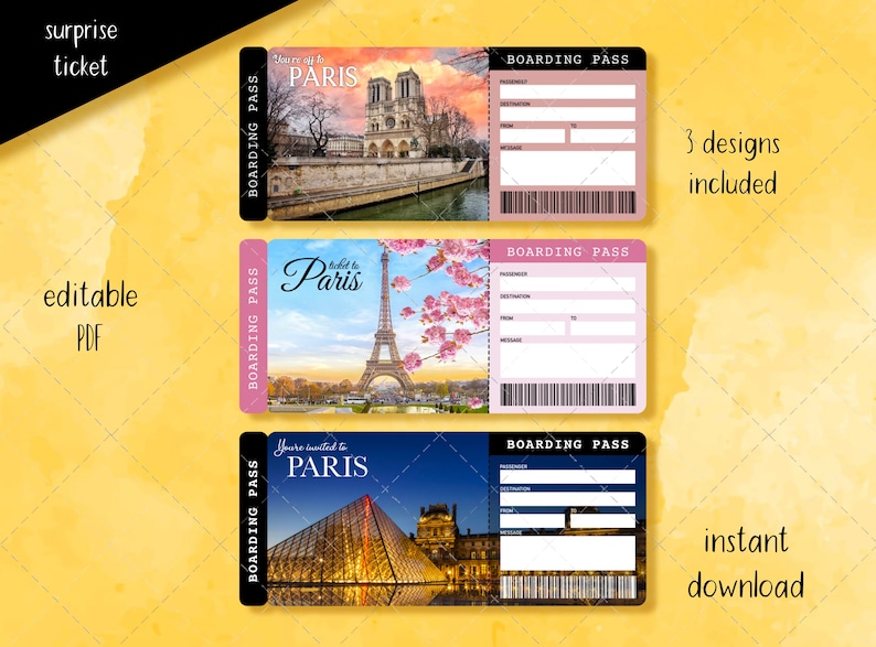 Printable PARIS Surprise Ticket, Boarding Pass, Trip Ticket, Vacation ...