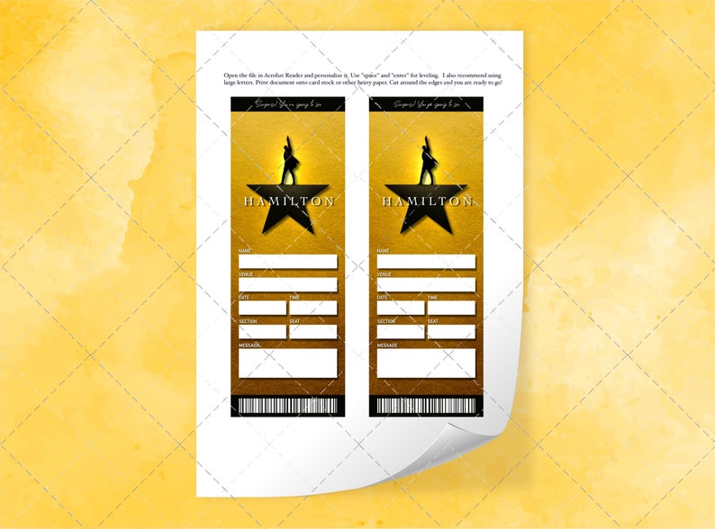 Hamilton Broadway Ticket, Printable Surprise Tickets, Editable Faux ...