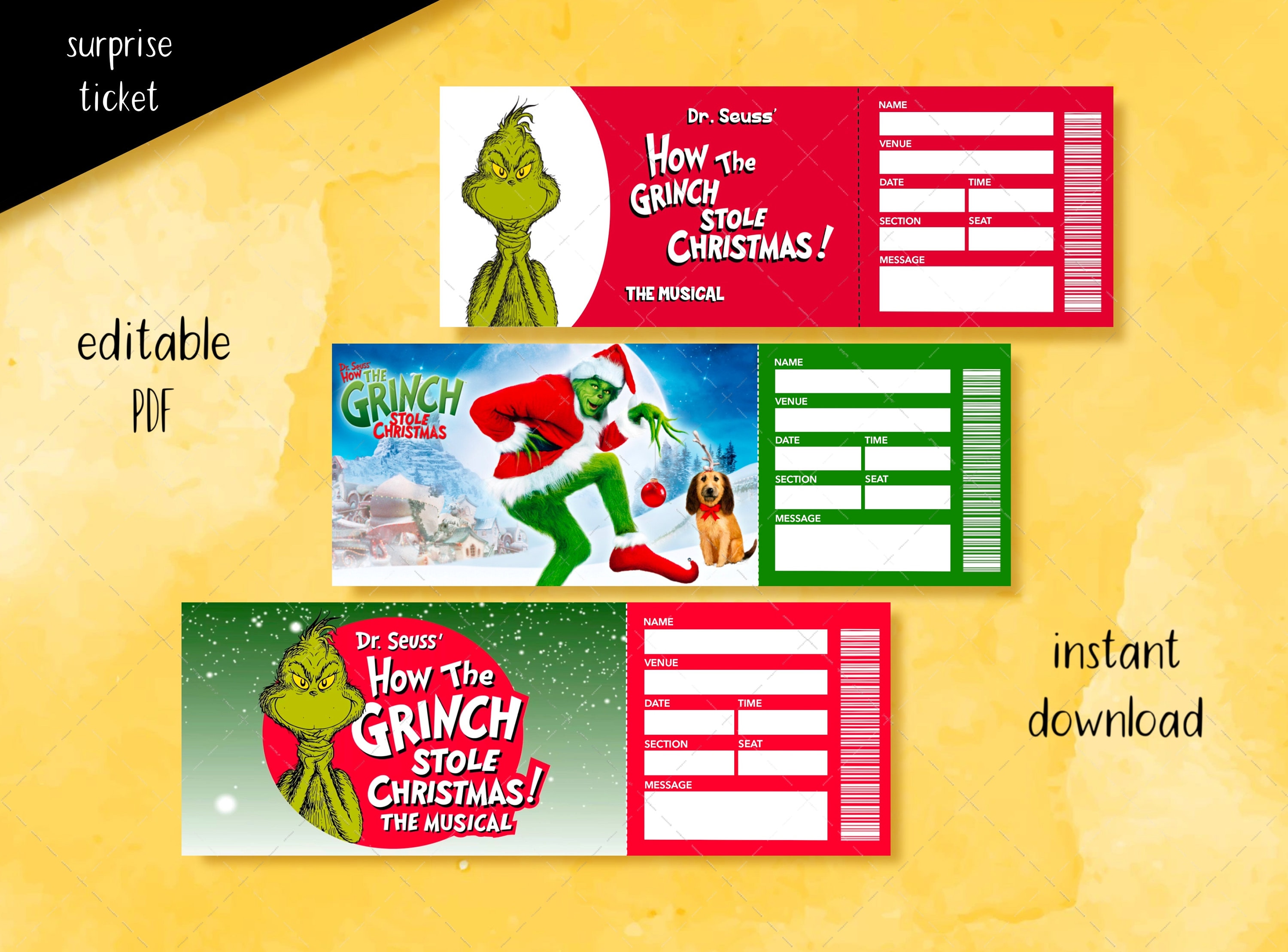 Printable How the Grinch Stole Christmas Ticket, Editable Christmas ...