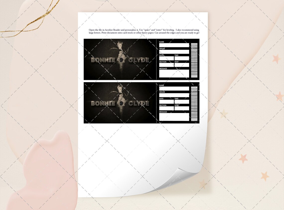 Printable Bonnie Clyde Surprise Ticket, Musical Collectible Theater ...