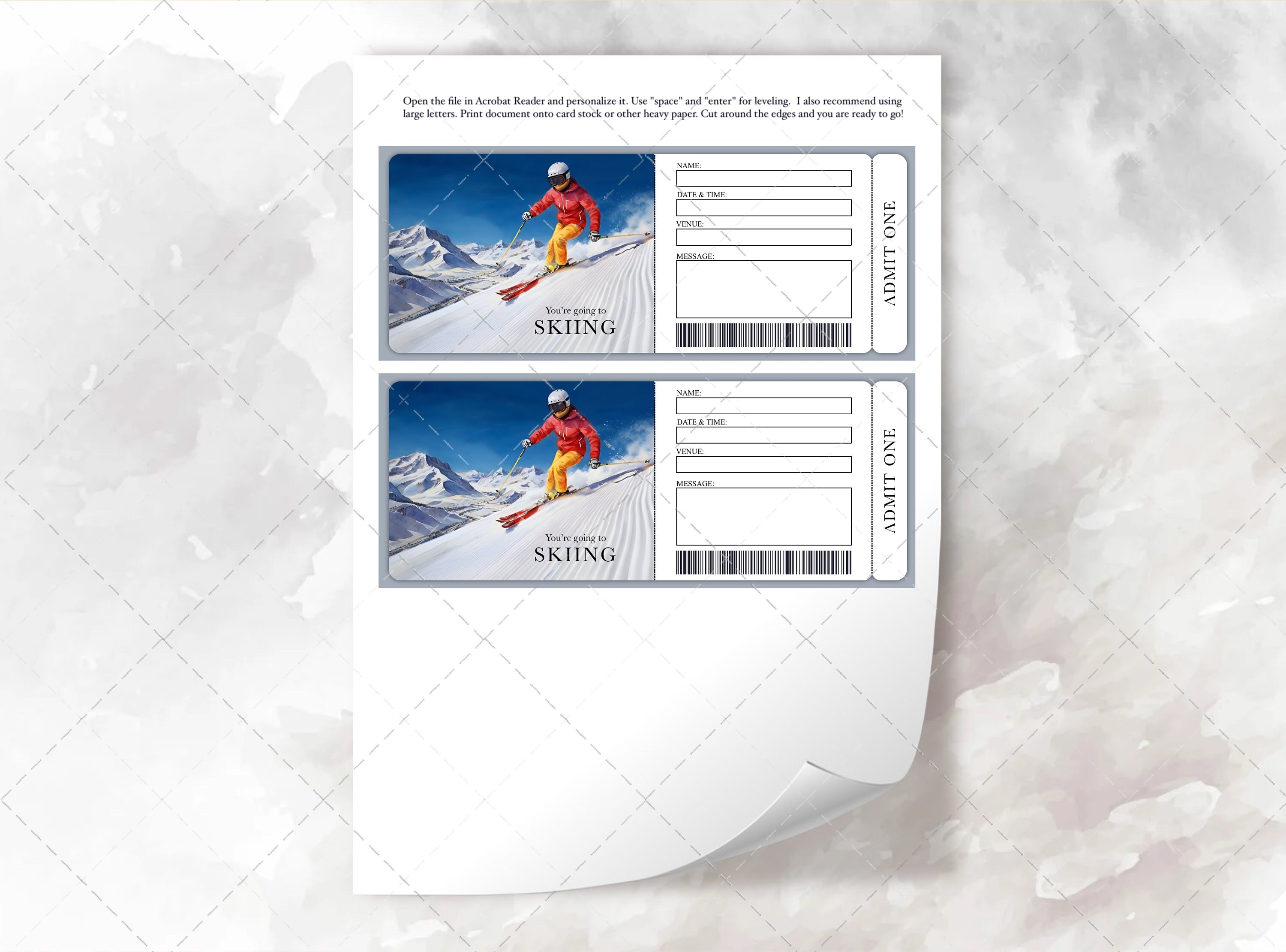 SKIING Ticket, Surprise Gift, Printable Editable Ticket, Template ...