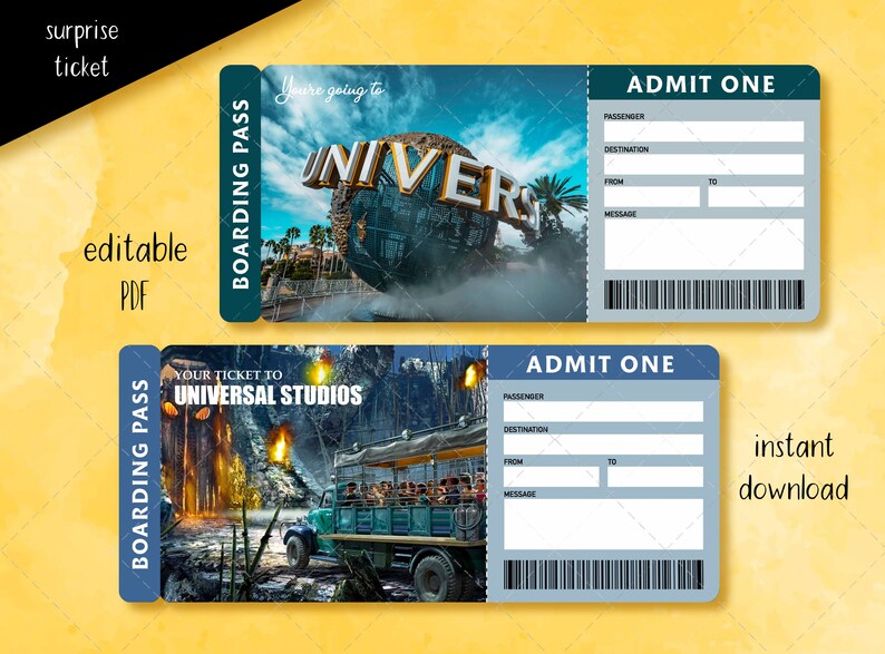 Printable Theme Park Universal Studios Surprise Reveal Ticket, Vacation ...