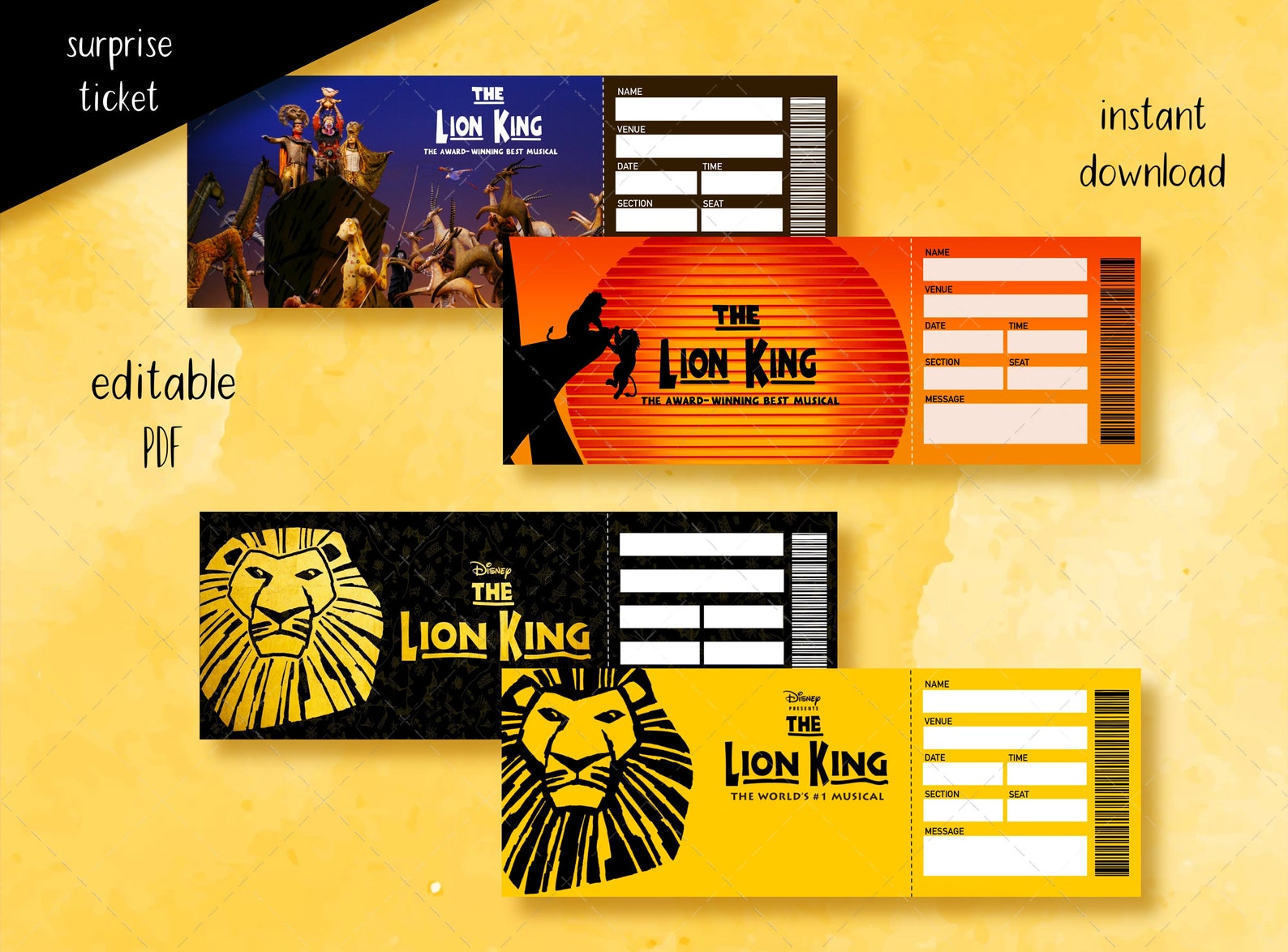 Printable Lion King Ticket, Editable Broadway Surprise Musical Theatre ...
