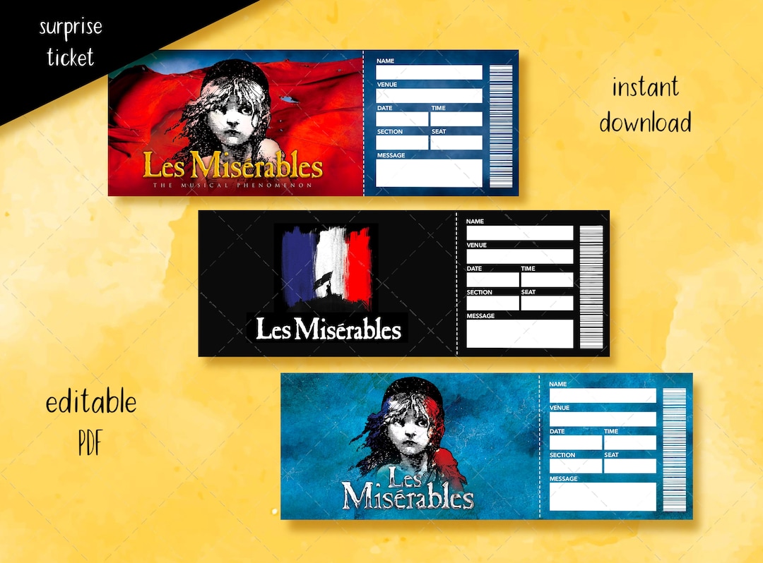 Printable Les Miserables Musical Ticket, Editable Broadway Surprise Musical Theatre, Faux Ticket ...