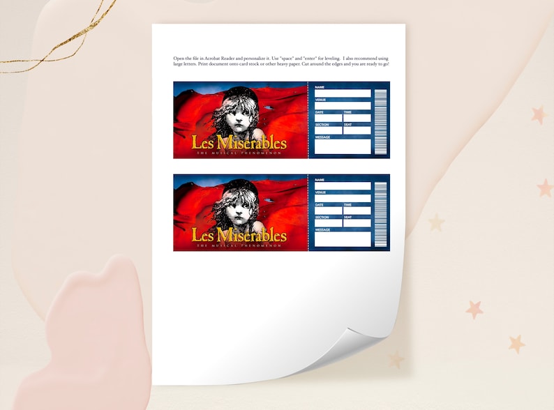 Printable Les Miserables Musical Ticket, Editable Broadway Surprise ...