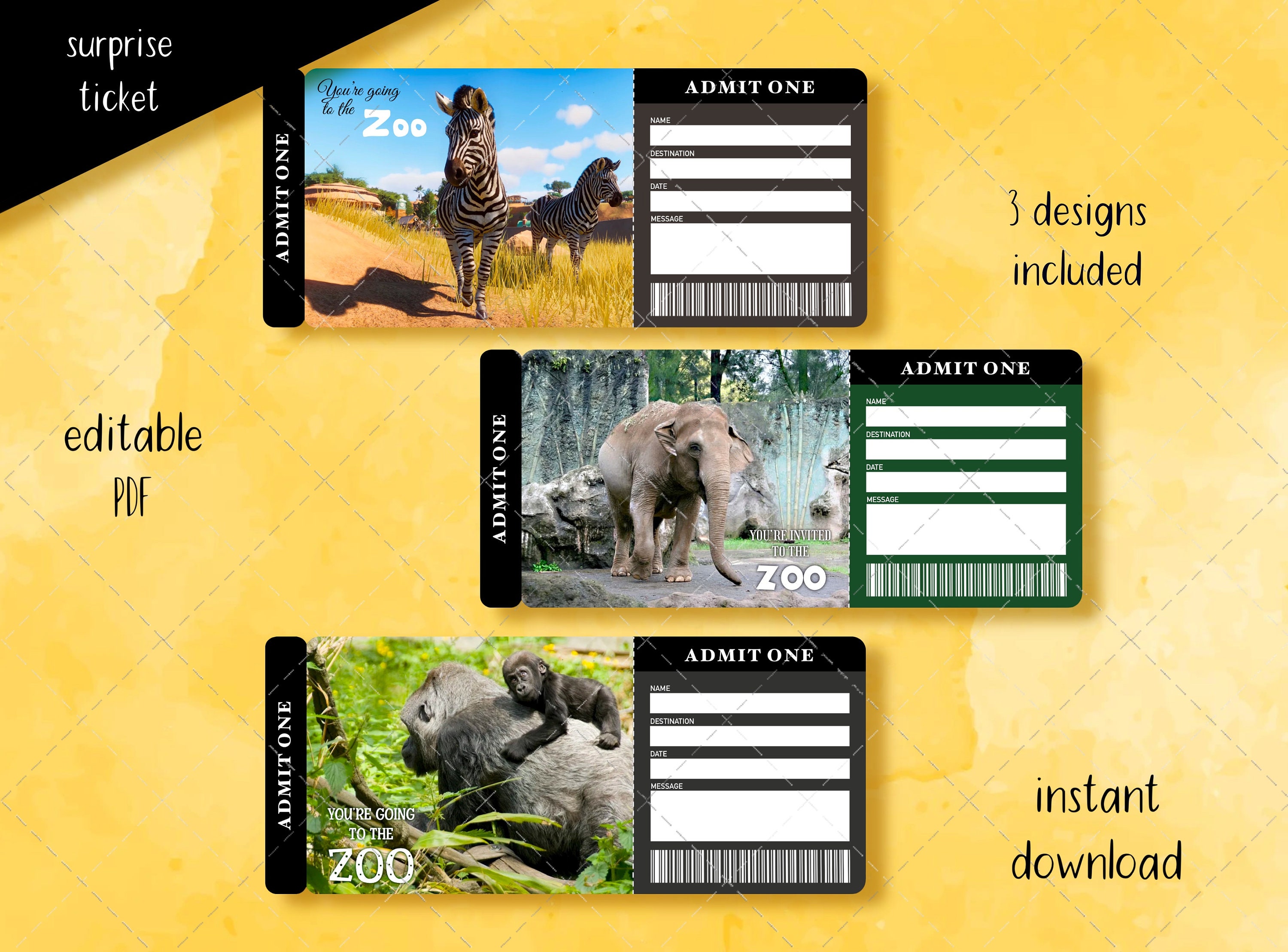 Zoo Printable Ticket Invitation, Surprise Trip Gift Ticket, Collectible ...