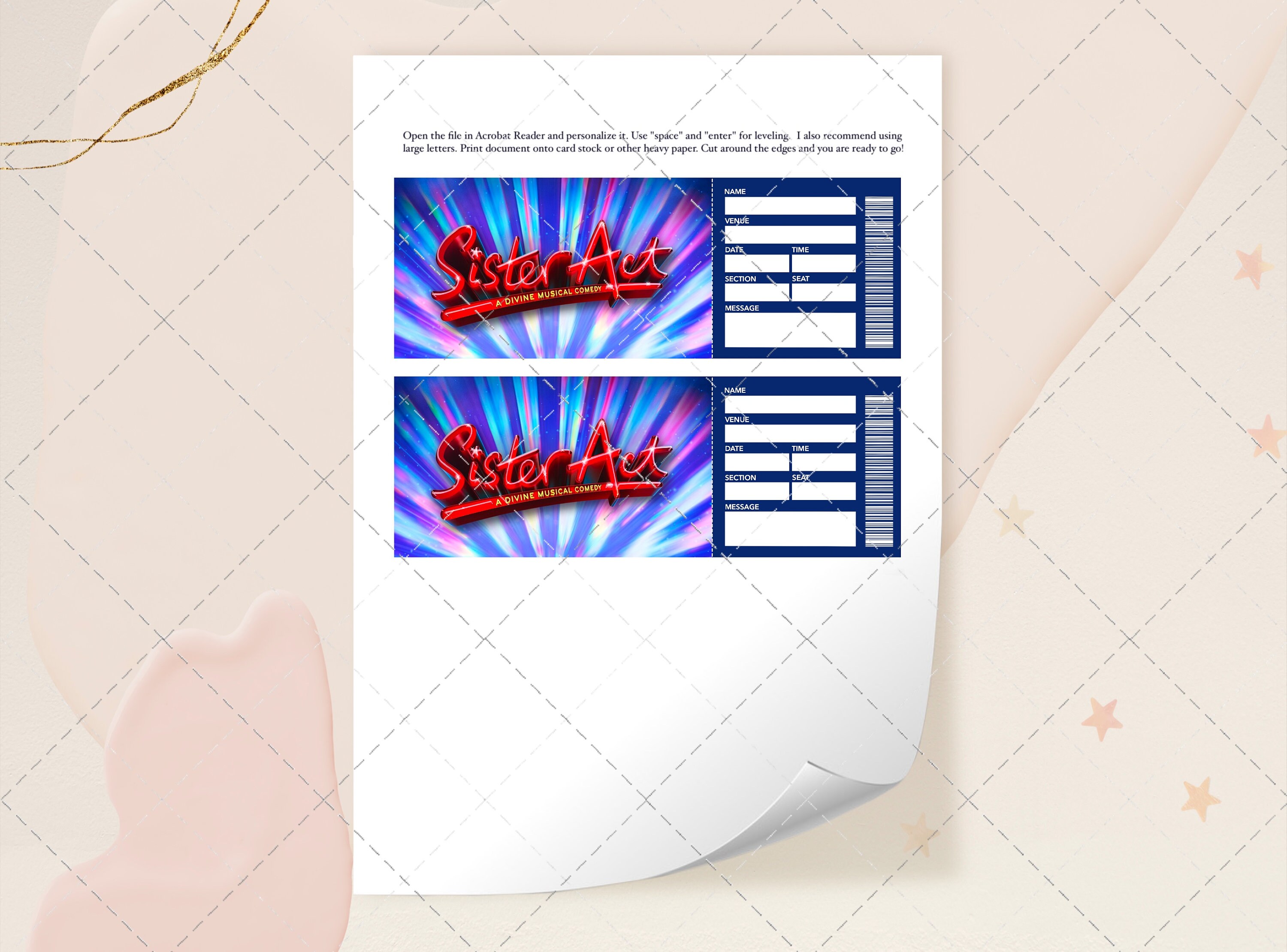 Printable Sister Act Ticket, Surprise Ticket, Editable Musical Ticket ...