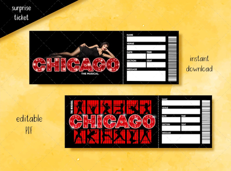 Printable Chicago Ticket, Editable Broadway Ticket, Event Surprise Gift ...