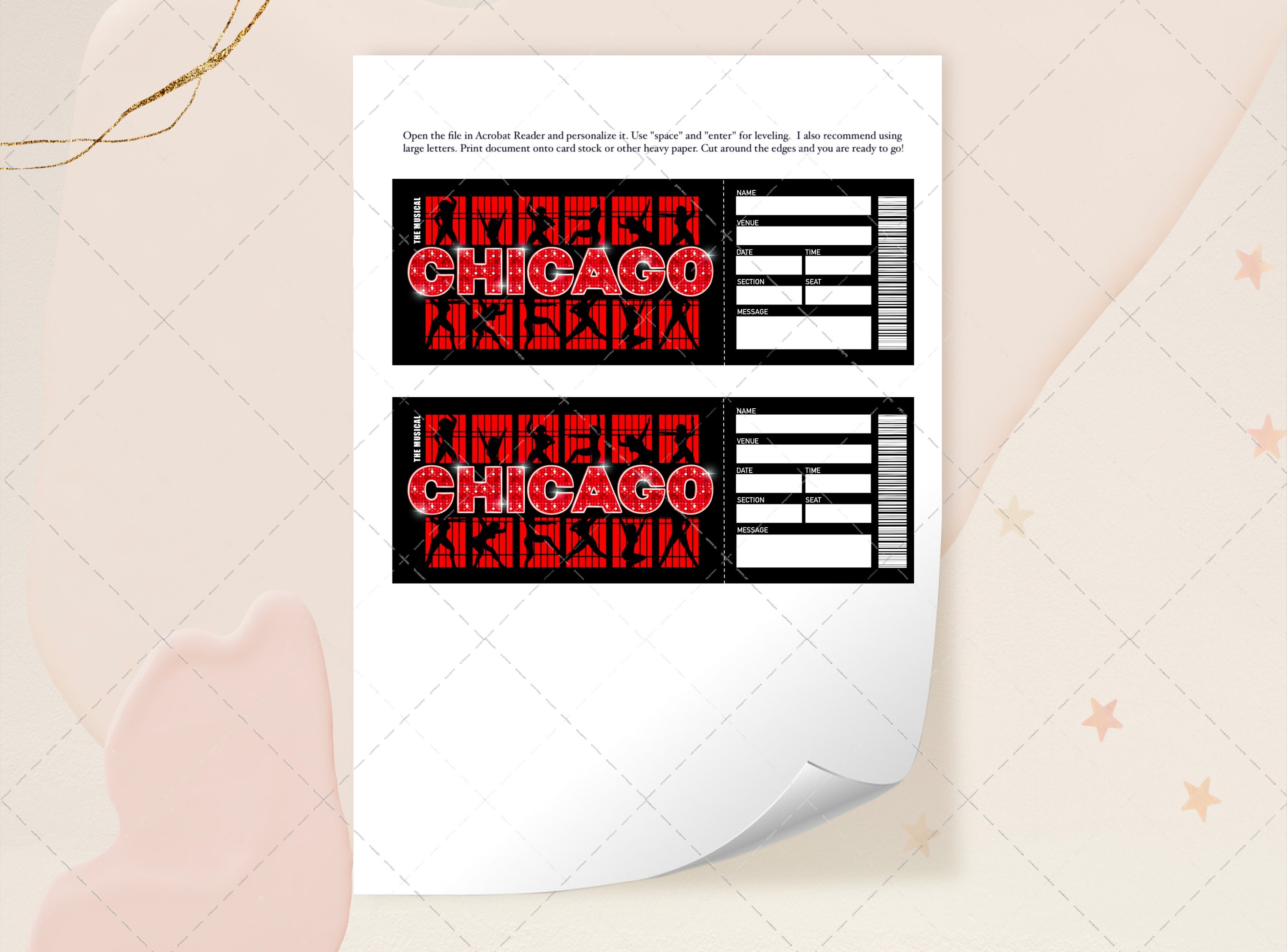 Printable Chicago Ticket, Editable Broadway Ticket, Event Surprise Gift ...