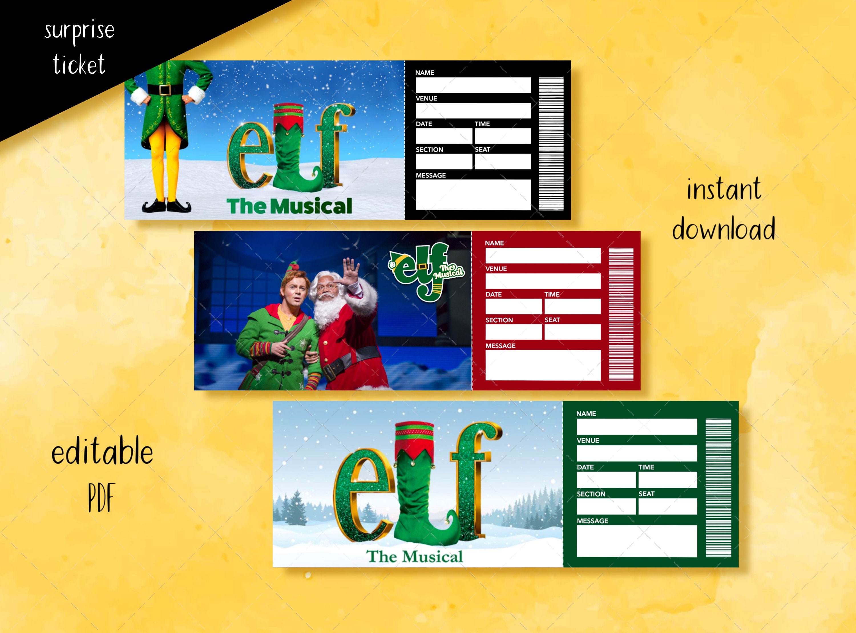 Printable Elf Musical Ticket, Editable Christmas Surprise Musical ...