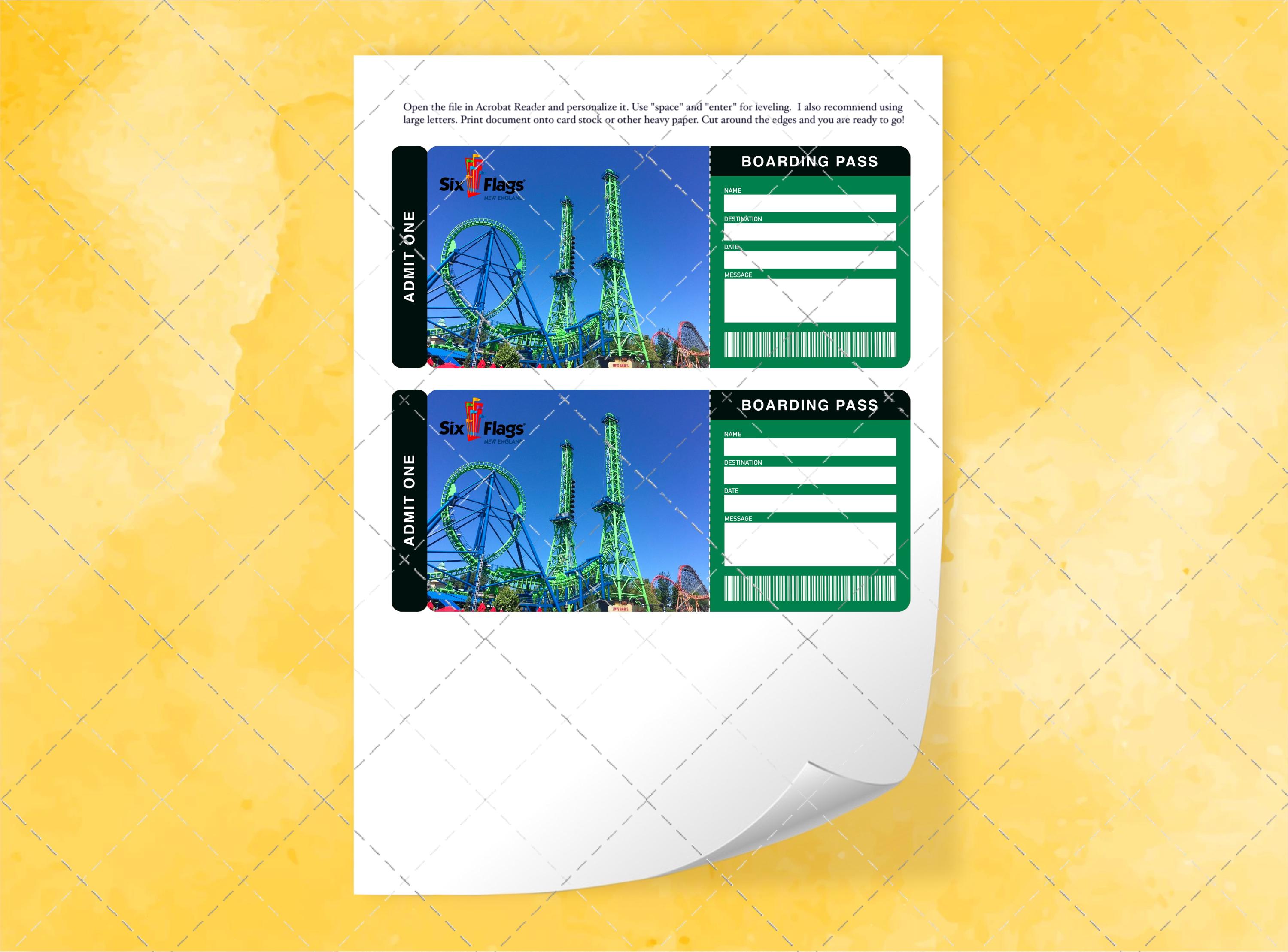 SIX Flags Ticket, Printable Surprise Ticket, Editable Faux Event ...
