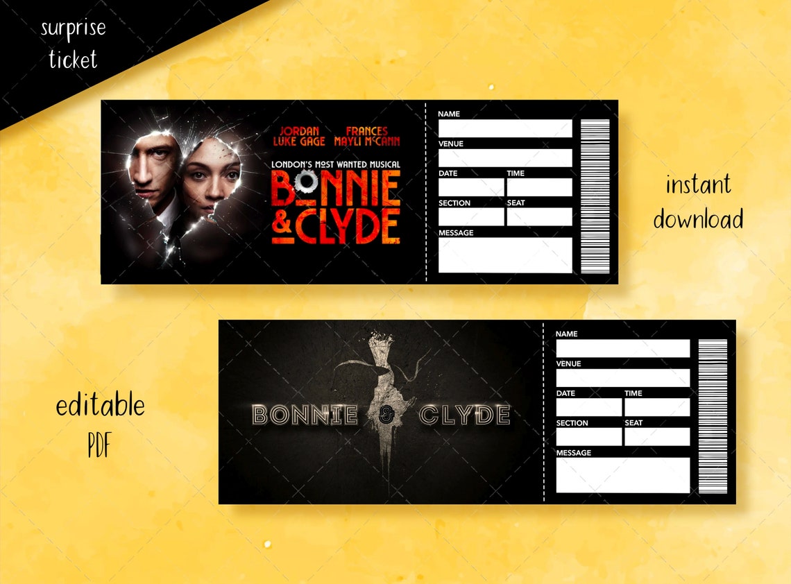 Printable Bonnie Clyde Surprise Ticket, Musical Collectible Theater ...