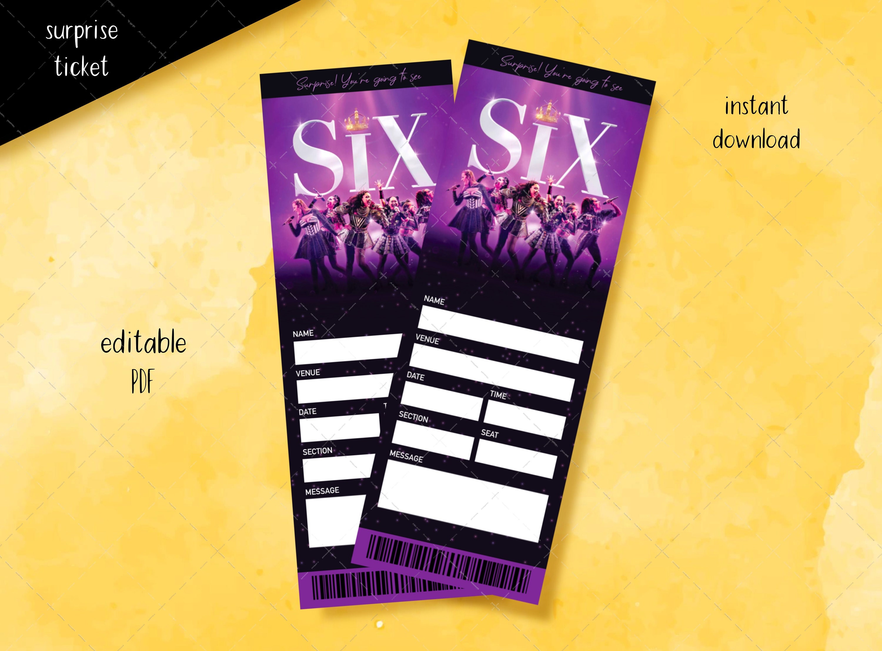 Printable SIX Broadway Ticket, Editable Surprise Musical Theatre, Six ...